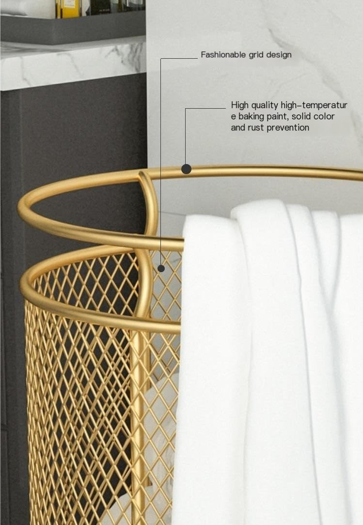 YDKJWB Metal Laundry Basket with Wheels, Round Mesh Dirty Clothes Hamper, Gold/Black/White Laundry Hamper, Storage Basket for Bathroom, Laundry Room, Living Room, Bedroom (Color : Gold)