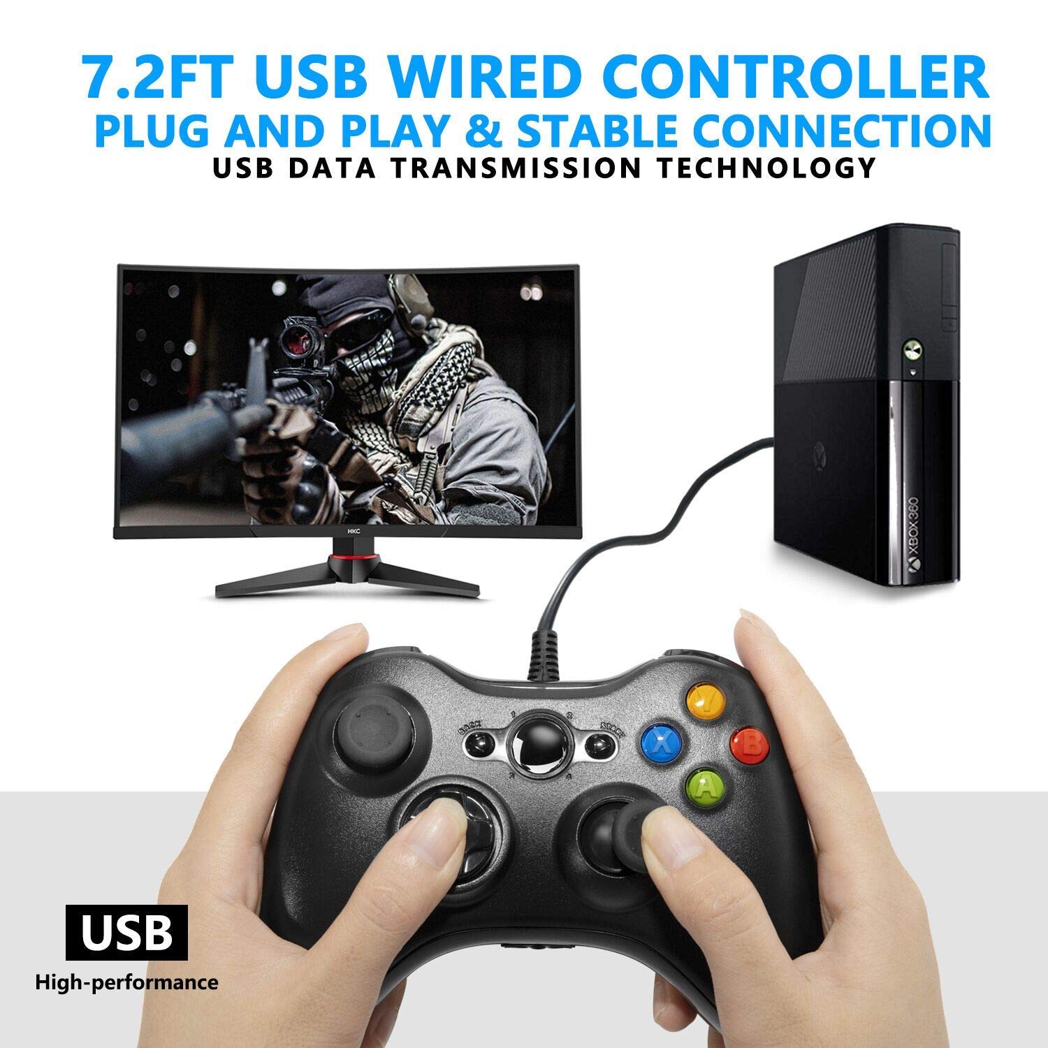 Medvoe Wired Controller for Xbox 360, 7.2 Ft USB Wired Gamepad Joystick Game Remote with Dual-Vibration Turbo, Trigger Buttons for Xbox360, Xbox 360 Slim and PC Windows 7,8,10 - Black (Renewed)