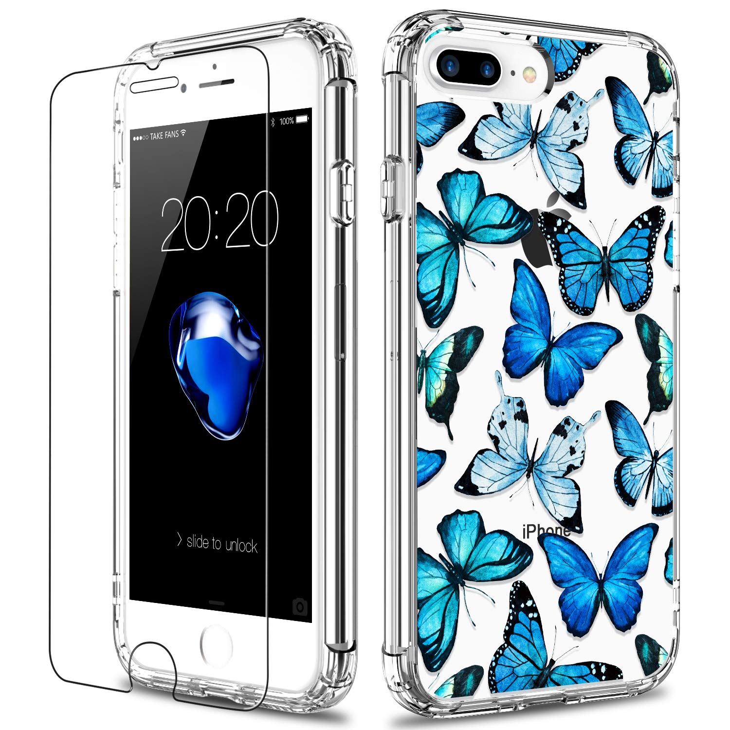 LUHOURI iPhone 8 Plus/7 Plus Case with Screen Protector,Clear Cover with Fashion Cute Designs for Women Girls,Slim Fit Durable Protective Phone Case for Apple iPhone 8 Plus/7 Plus Blue Butterflies