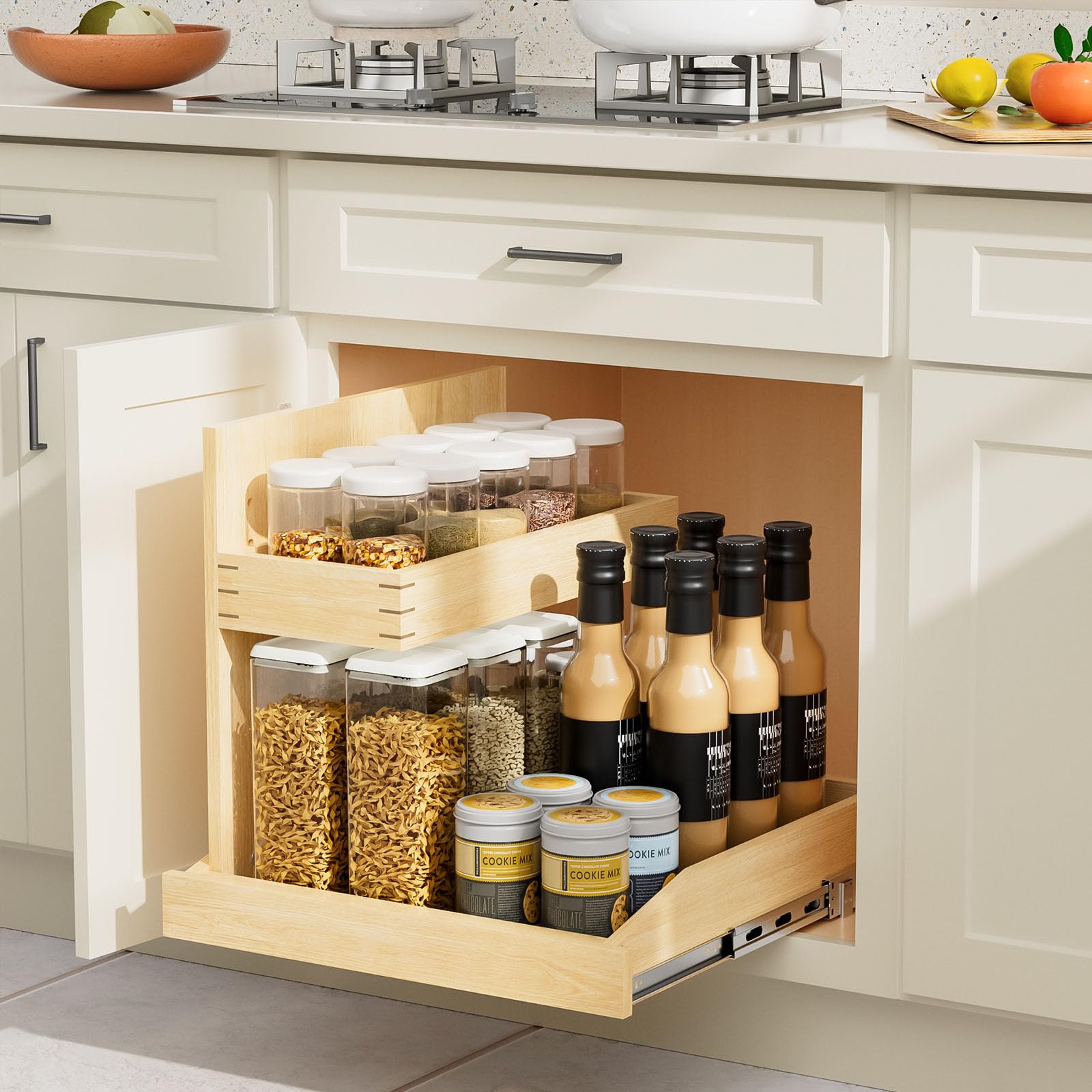 LOVMOR Soft Close Under Sink Organizer 22½” W x 21” D, Pull Out Cabinet Organizer with U Bracket, 2 Tier Slide Out Shelf for Kitchen Bathroom Sink(Left)