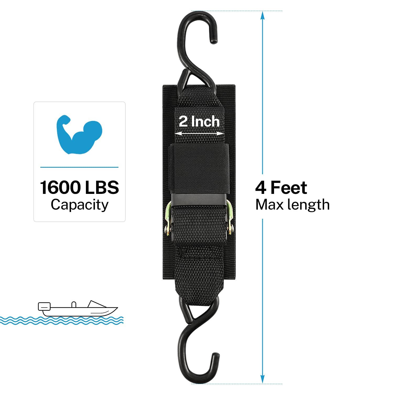Kohree Boat Trailer Straps Transom Tie Down Straps 1600LBs 2" x4' Adjustable Anti-Scratch Black, for PWC Trailer Pontoon Marine Jet Ski, with Quick Release Buckle & Hooks, Set of 2