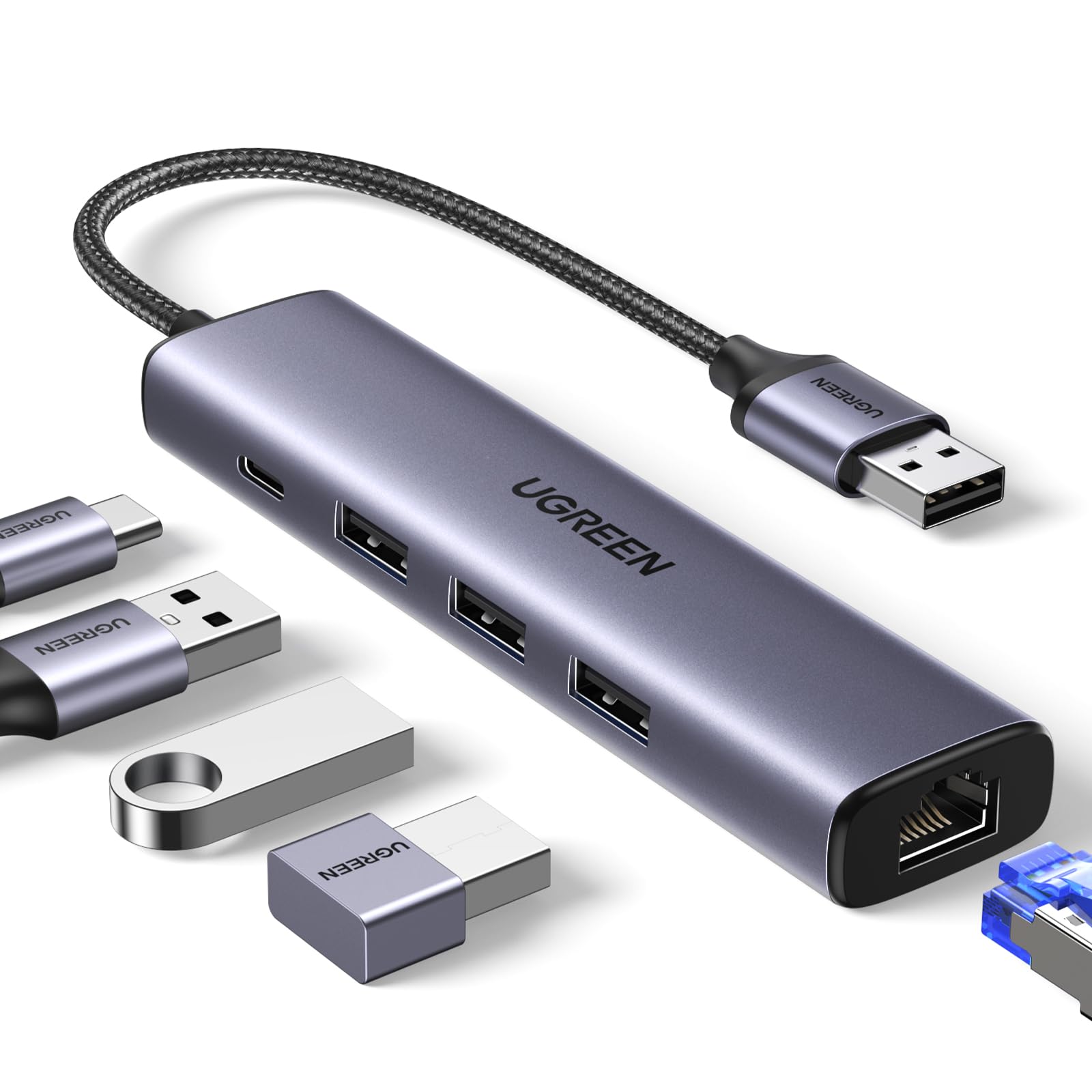 UGREEN USB 3.0 to Ethernet Adapter, 5 in 1 Multiport Hub with Gigabit RJ45 and Type-C Power Port, LAN Network Adapter Compatible with Laptop PC MacBook Mac Mini Surface XPS Windows Linux MacOS