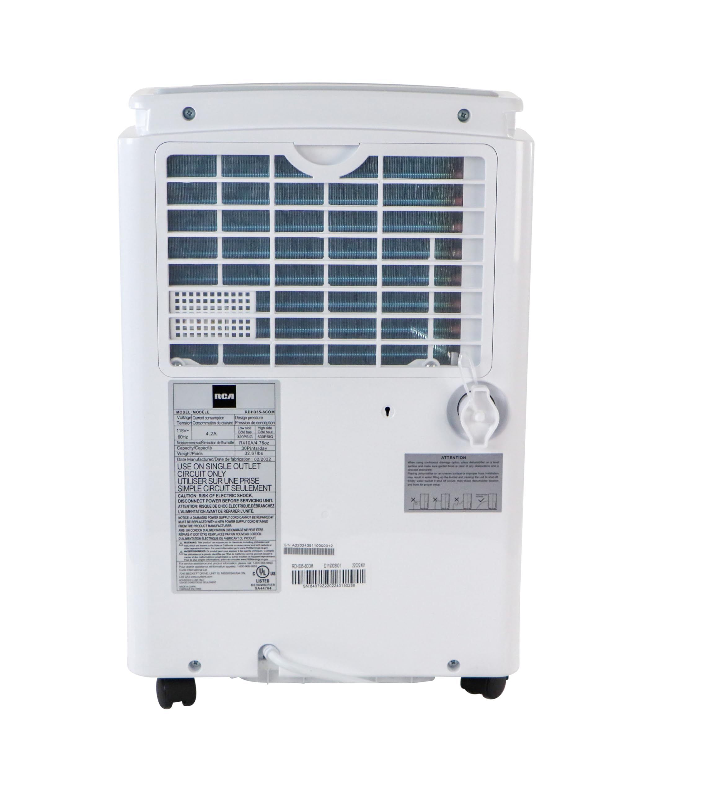 RCA 35-Pint Portable Dehumidifier, 115V, with Auto-Shutoff & Timer, Home Dehumidifier and Moisture Absorber For Basement, Garage, Living Room, White