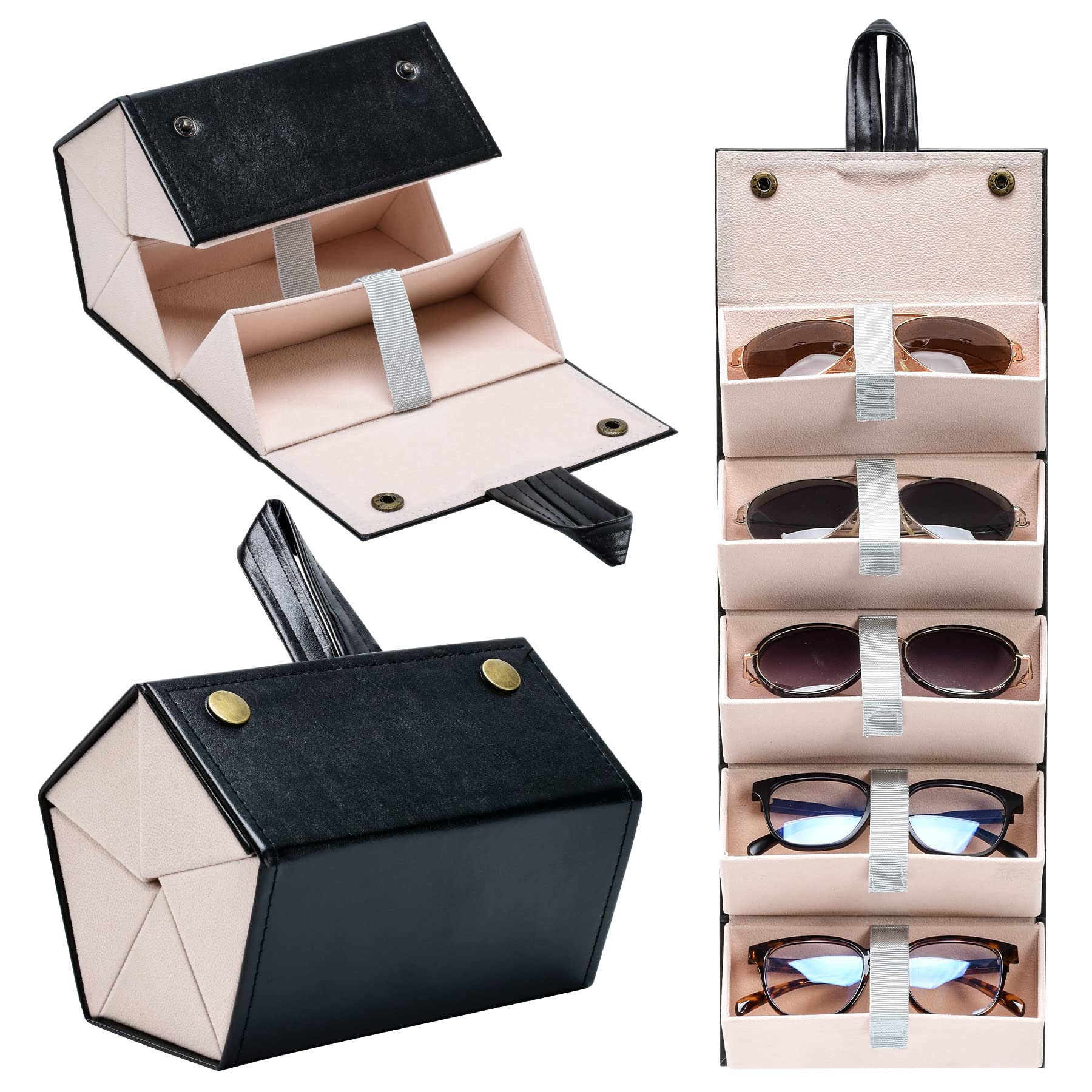 Sunglass Organizer Case with 5 Slots, Foldable Glasses Case Multiple Pairs Eyeglass Holder Storage Travel Case for Men Women, Light Brown