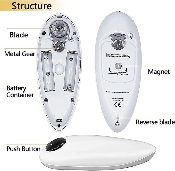 LuciBella Electric Automatic Can Opener Safety Smooth Edge Jar Bottle Opener Open Your Can With One push of Button Handheld Automatic Battery Operated (white)