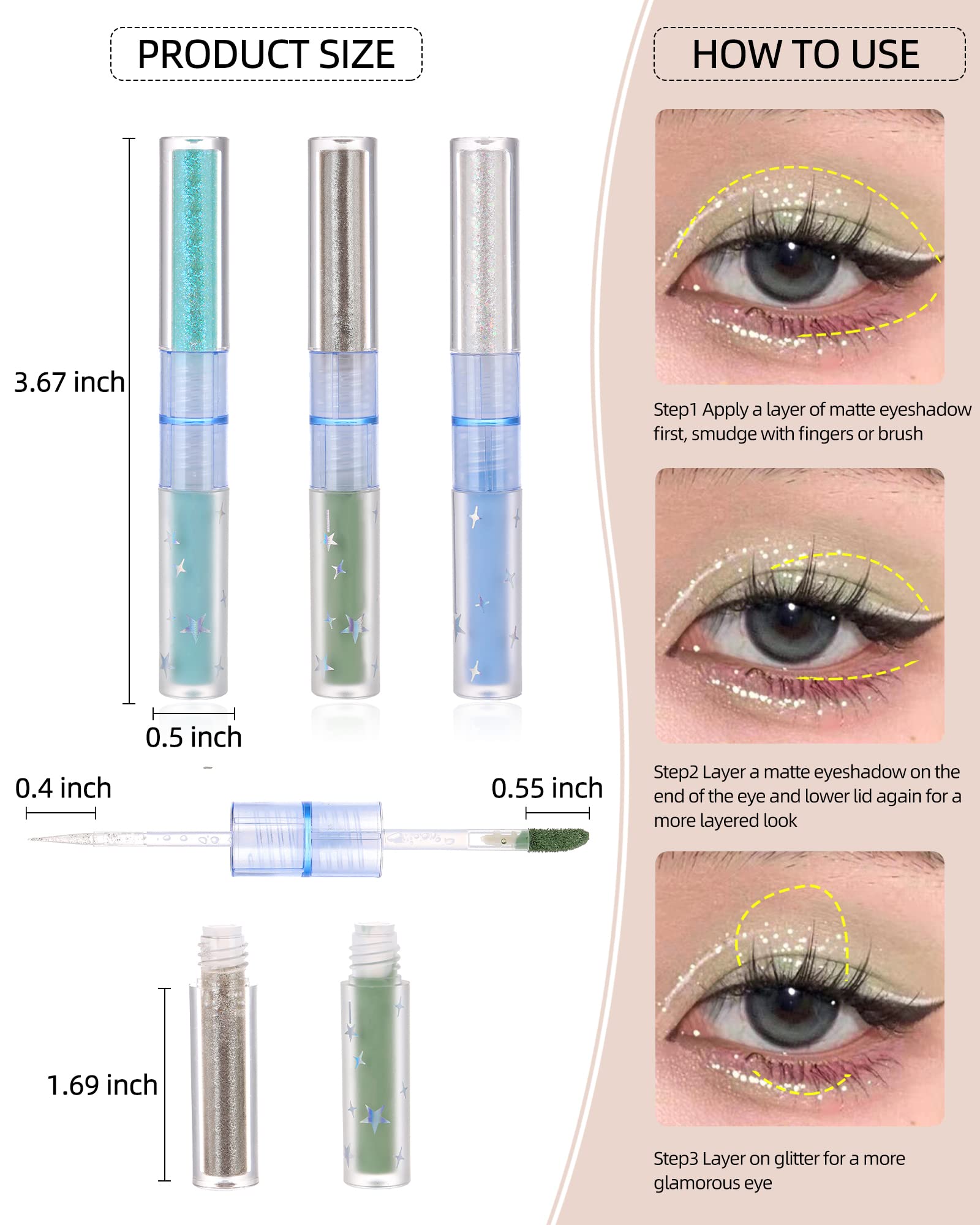 LYSdefeu 2 in 1 Long Lasting Glitter Liquid Matte Eye shadow, Green Blue Shimmer Liquid EyeShadow Kit β 3 Pcs High Pigmented Velvet Cream Eyeshadow Eyeliner Stick, Create Korean Eye Makeup
