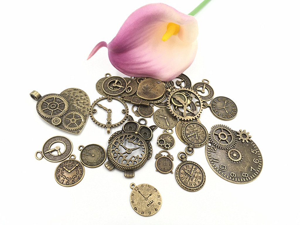 Kinteshun Clocks and Watches Dial Face Movement Charm Alloy Multistyle Steampunk Pendant Charm Connector for DIY Jewelry Making Accessaries(100 grams) (Bronze)