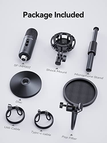 SOOMFON USB Computer Microphone Condenser Podcast Microphone for PC, Recording, Gaming, Streaming, Upgraded Mic with Height Adjustable Stand, Headphone Output, Gain and Volume Knob