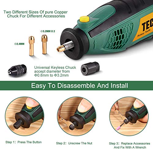 TECCPO Rotary Tool Kit 1.5 amp, 6 Variable Speed with Flex shaft, Universal Keyless Chuck, 84 Accessories, Cutting Guide, Auxiliary Handle and Carrying Case, Multi-functional for Crafting Projects