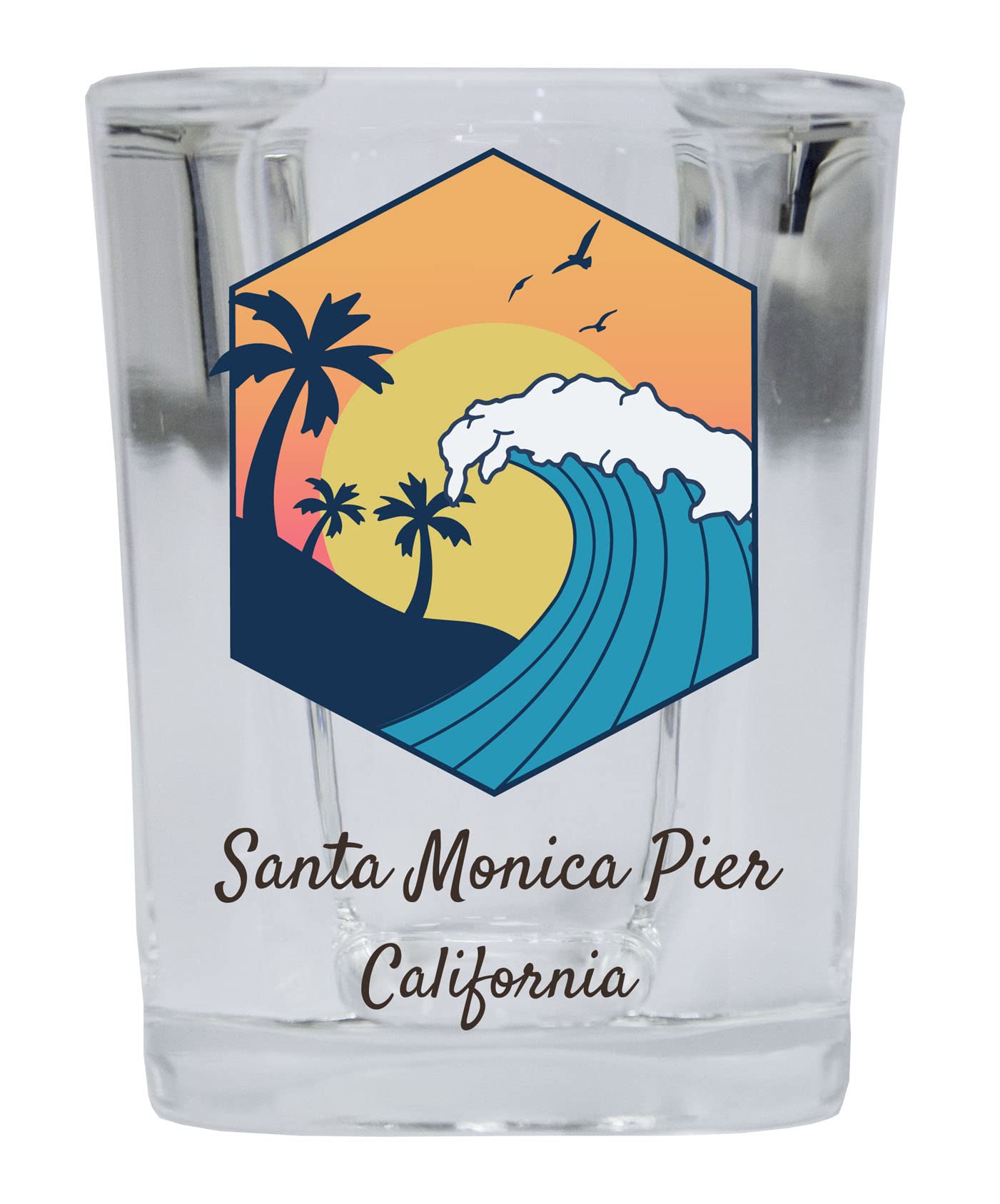 R and R Imports Santa Monica Pier California Souvenir 2 Ounce Square Base Shot Glass Wave Design Single
