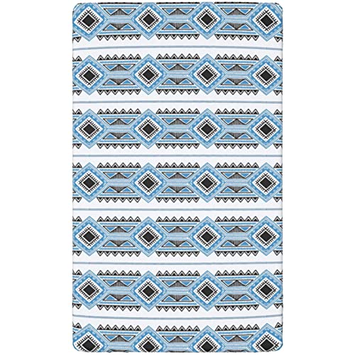 Tribal Themed Fitted Mini Crib Sheets,Portable Mini Crib Sheets Ultra Soft Material-Crib Mattress Sheet or Toddler Bed Sheet,24“ x38“,Sea Blue Charcoal Grey White