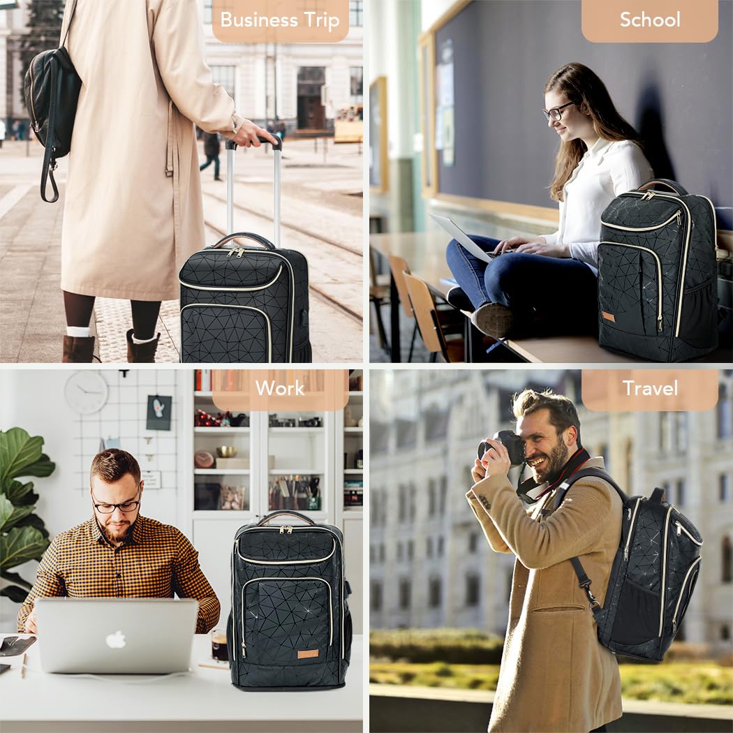 Lekebobor Travel Rolling Backpack Women Wheeled Business Backpack,15.6" Laptop Backpack with USB Charging Port, Waterproof Carry on Backpack Flight Approved Travel Backpack,Black with Golden Zipper