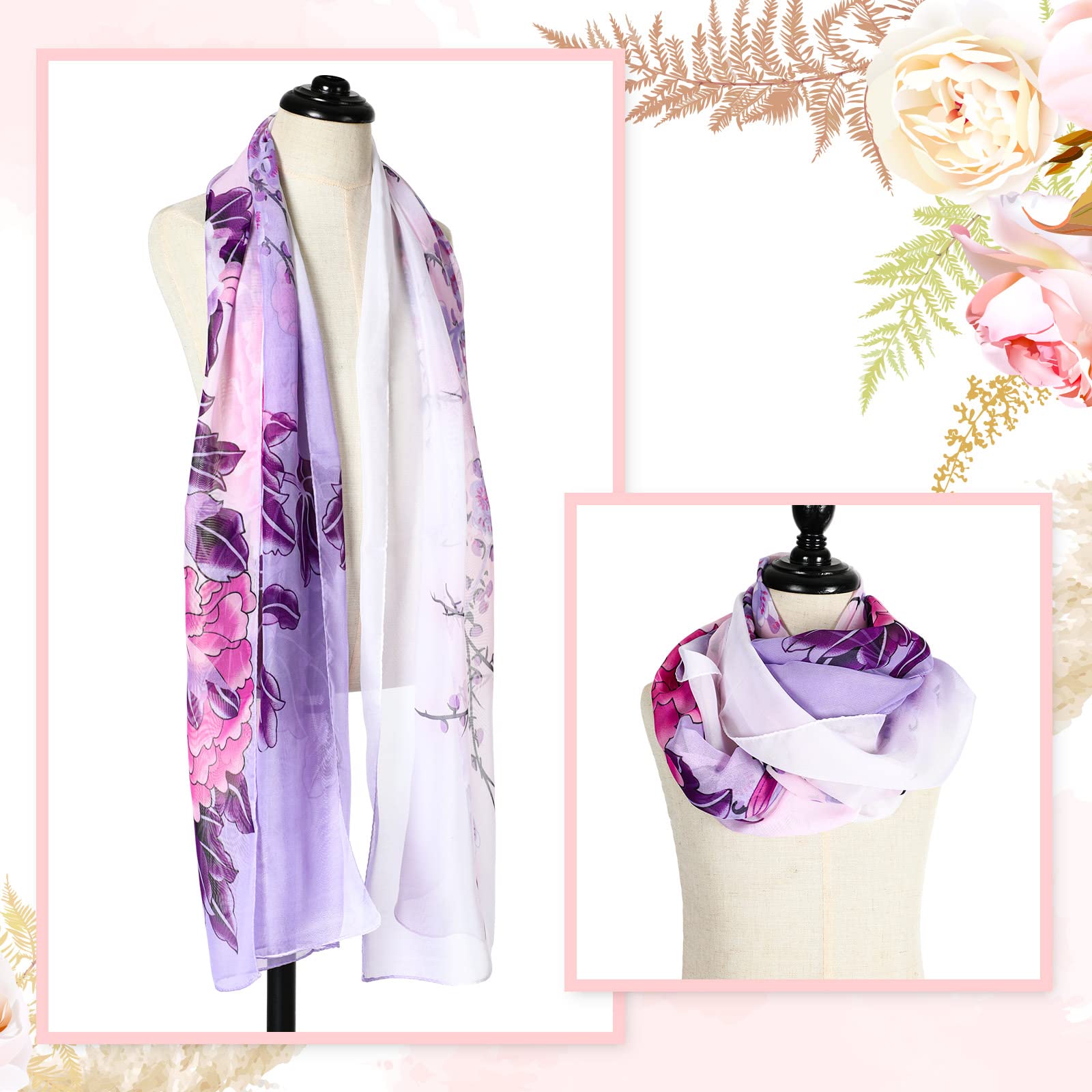 Sureio 6 Pcs Scarves for Women Lightweight Summer Floral Print Pattern Scarf for Women Dressy Long Thin Scarf Shawl(Elegant Style)