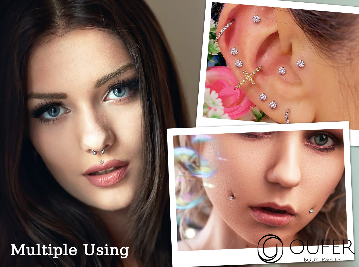 OUFER 16G Lip Ring Studs, G23 Solid Titanium Lip Piercings, Clear CZ Internally Threaded Labret Jewelry, Cartilage Helix Tragus Piercing Jewelry for Women and Men