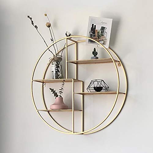 LITA Wrought Iron Wall Shelf Sofa Background Wall Decoration Metal Wall Hanging Decor (Round, Gold)