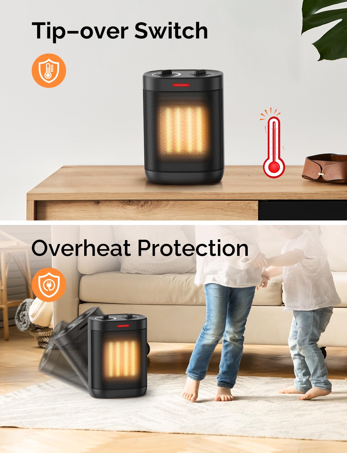 Space Heaters for Indoor Use, Portable 1500W/900W PTC Ceramic Space Heater, Small Space Heater with Thermostat, Three Modes, Overheat and Tip-Over Protection for Office Home