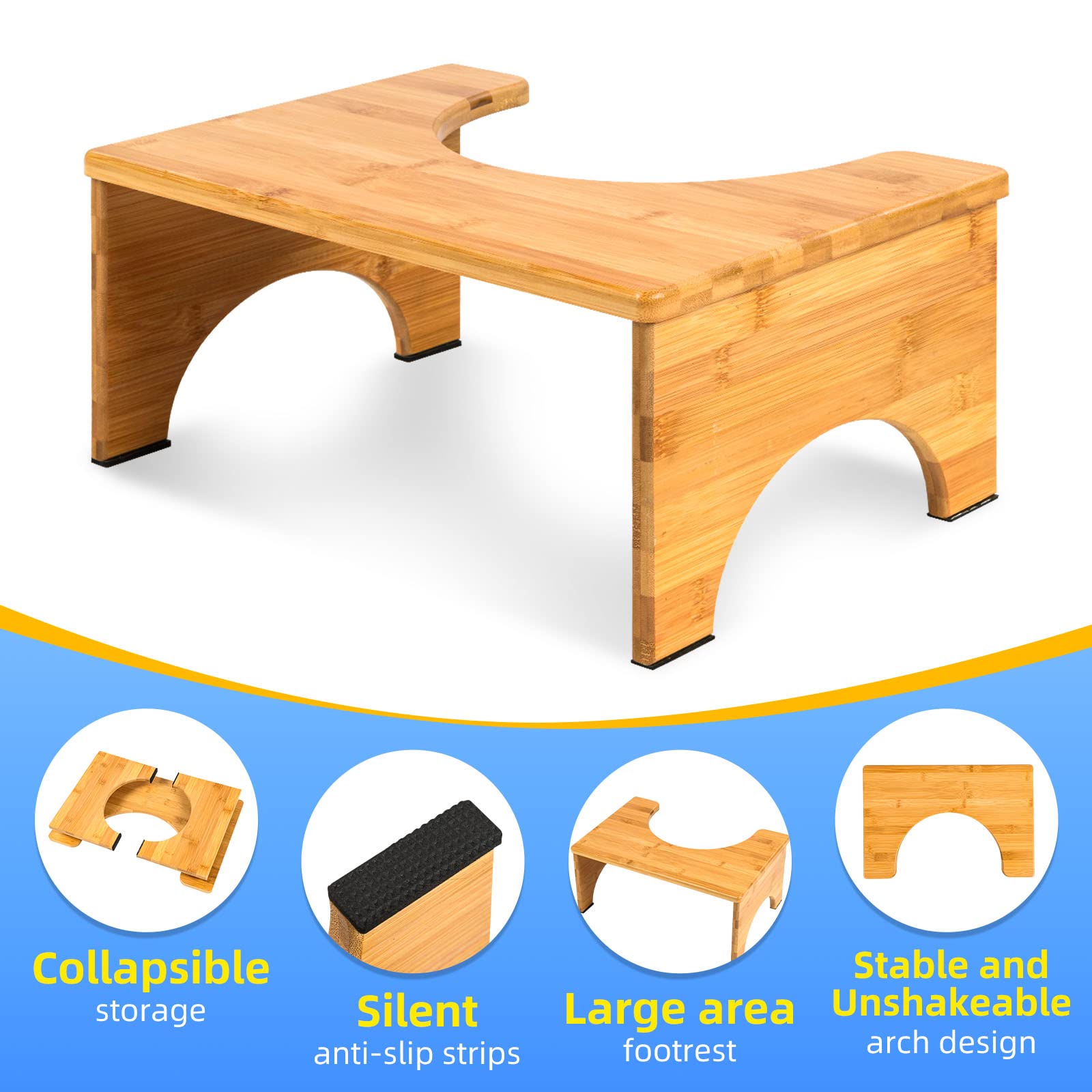 MPINOI Toilet Stool，7 Inch Potty Stool for Adults，Foldable Squatting Toilet Stool for Bathroom，Bamboo Toilet Stool Adults, with 12pcs Anti Slip Strip, 450 lbs Capability(7" Natural Color)