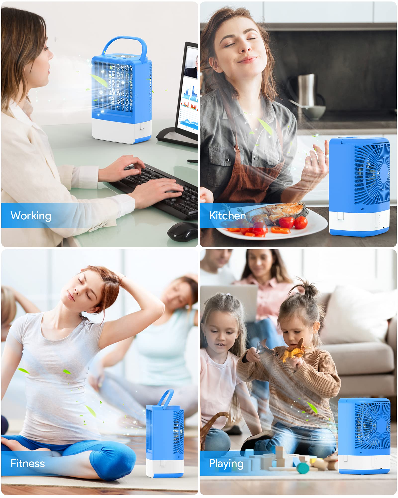 Portable Air Conditioner, Evaporative Air Cooler in 3 Speed Personal Mini Air Conditioner with LED Light, Evaporative Cooler for Home Bedroom Office Desk