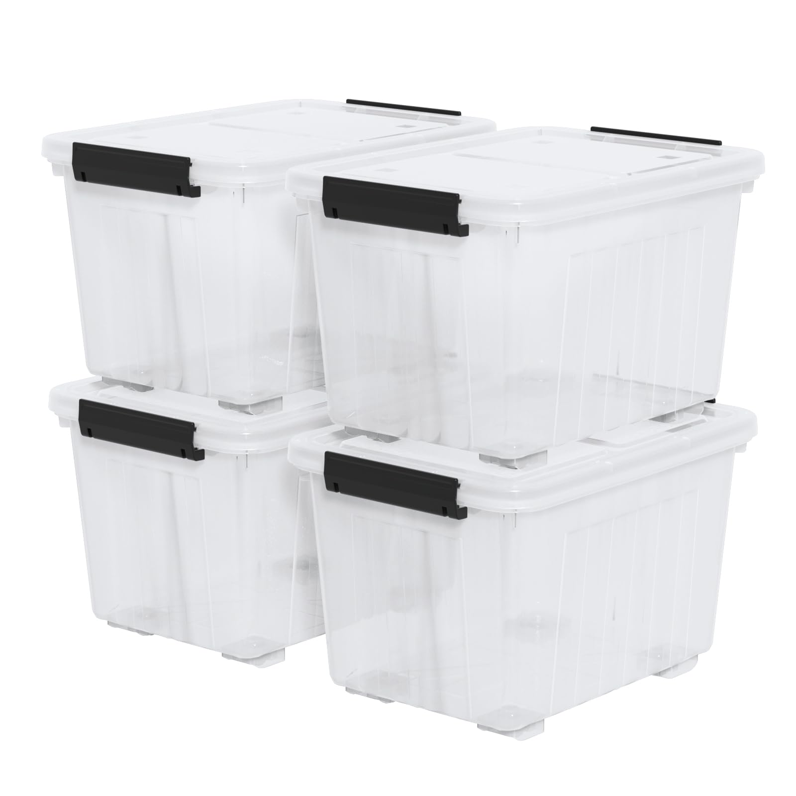 Zopnny 30 Quart Plastic Stacker Box, Large Storage Bin Container with Latching Lids and Wheels for Home and Garage Organizing, Shoes, Tools, Clear Base, 4-Pack
