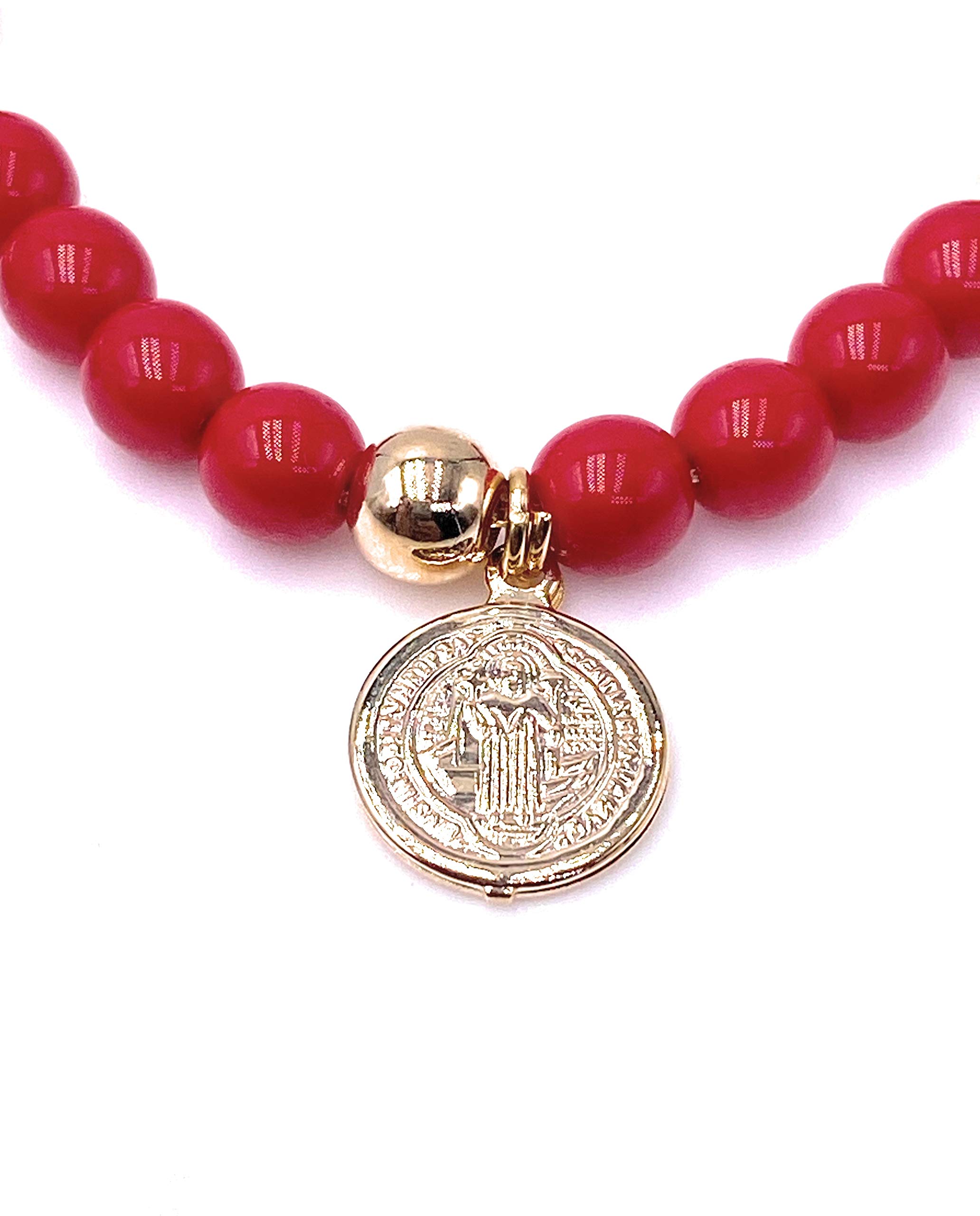 LESLIE BOULES Saint Benedict Red Glass Beads Bracelet Genuine Azabache and Blue Evil Eye Handmade Jewelry