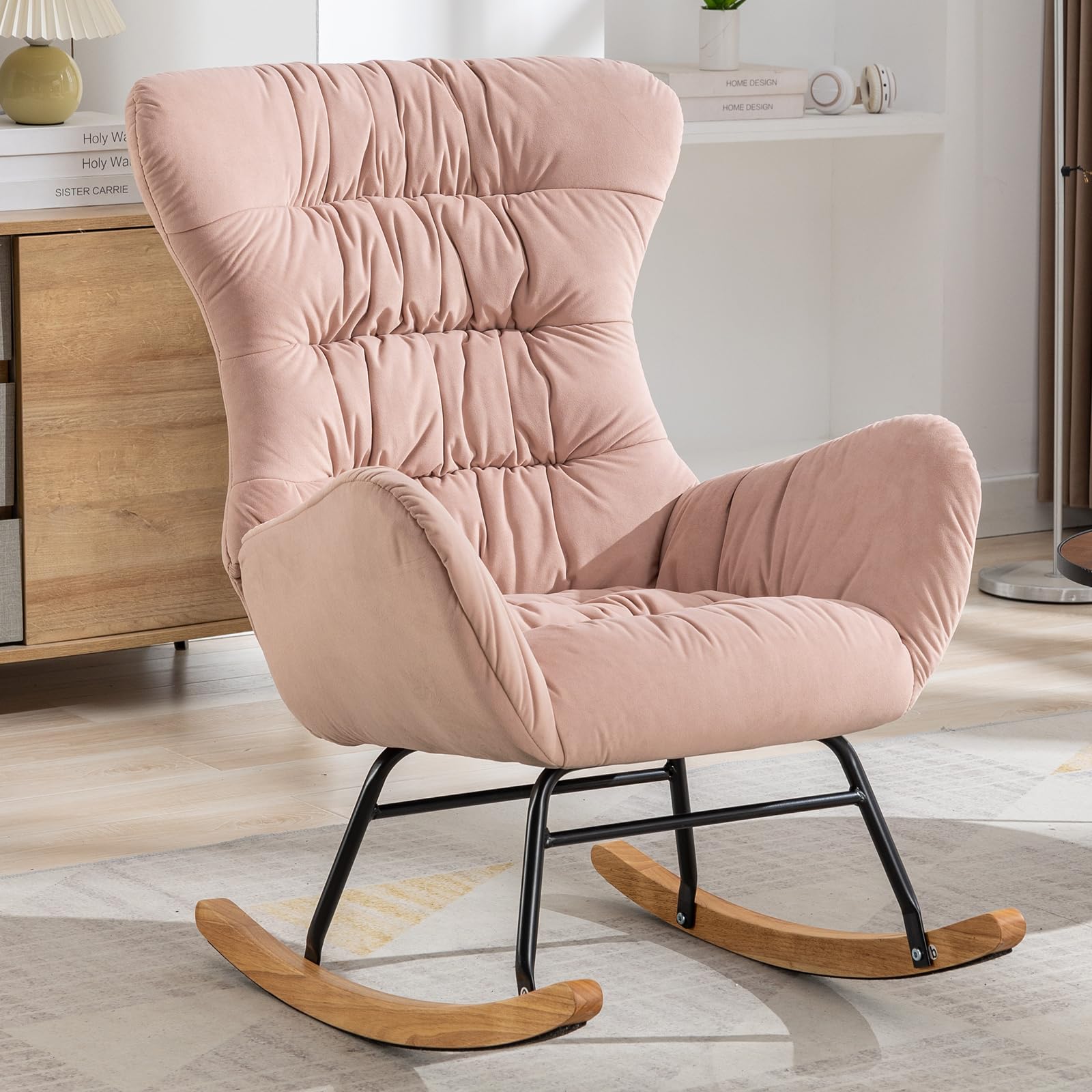 NIOIIKIT Nursery Rocking Chair, Velvet Upholstered Glider Rocker, Rocking Accent Chair with High Backrest, Comfy Rocking Accent Armchair for Living Room, Bedroom, Offices (Pink Velvet)