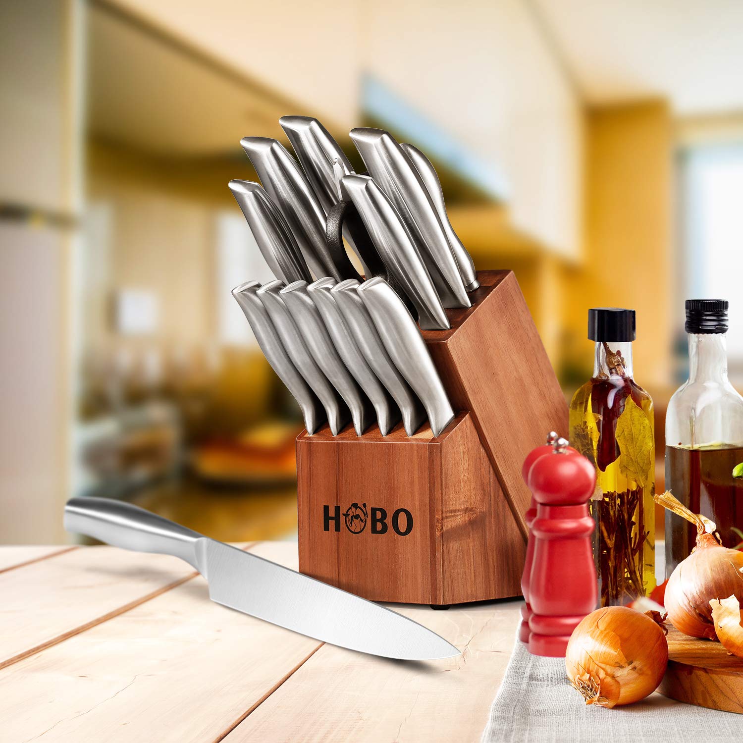Knife Set,HOBO 14-Piece Kitchen Knife Set with Block Wooden,Self Sharpening for Chef Knife Set, Japan Stainless Steel Knife Set,Boxed Knife Sets