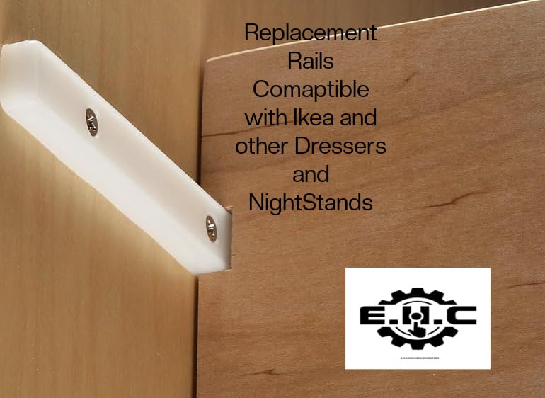 White Plastic Guide Rails for Grooved Drawers/Compatible for Some IKEA/and Older Dressers and Nightstands 11.25” L x 5/8”W x 5/16”Thick / 2 Rails and Fasteners by E.H.C.