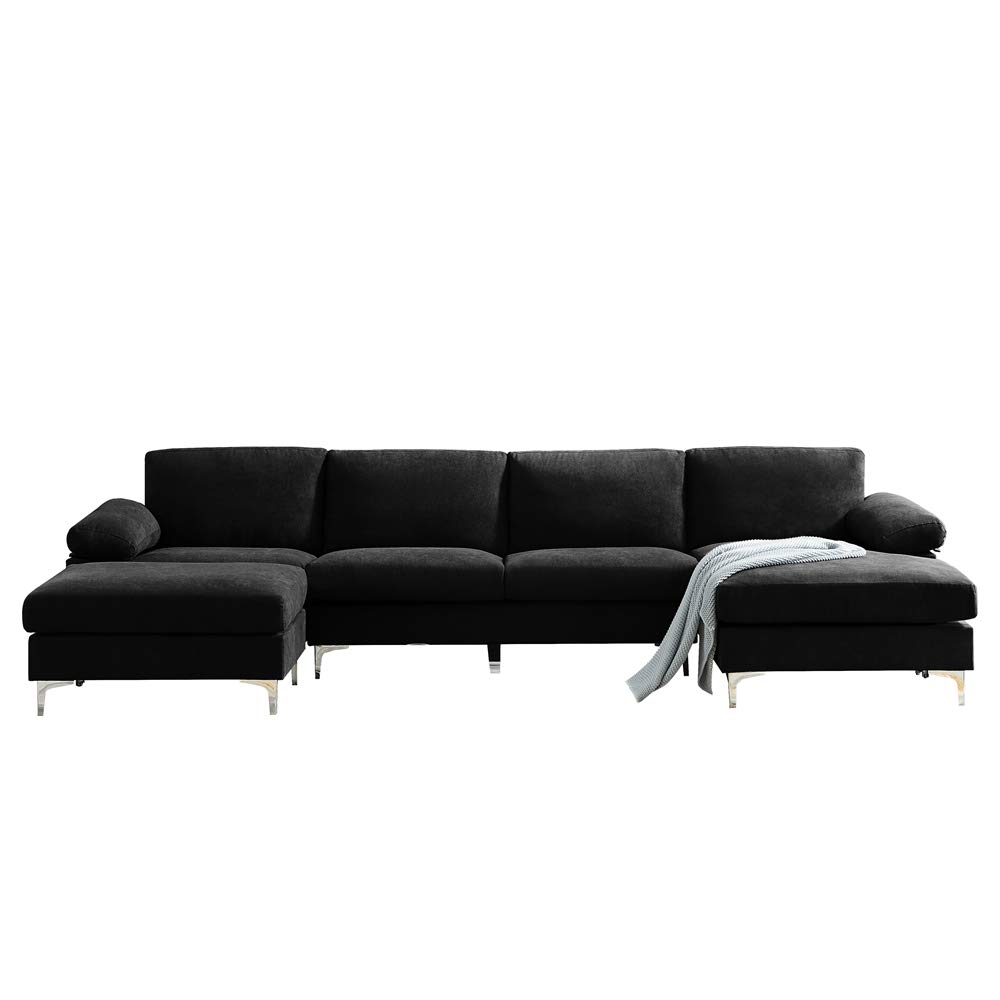 Knowlife Modern Corner Sectional Futon Sofa with Removable Cushions and Ottomans Convertible Sofa Couch for Living Room, 131inL - Black