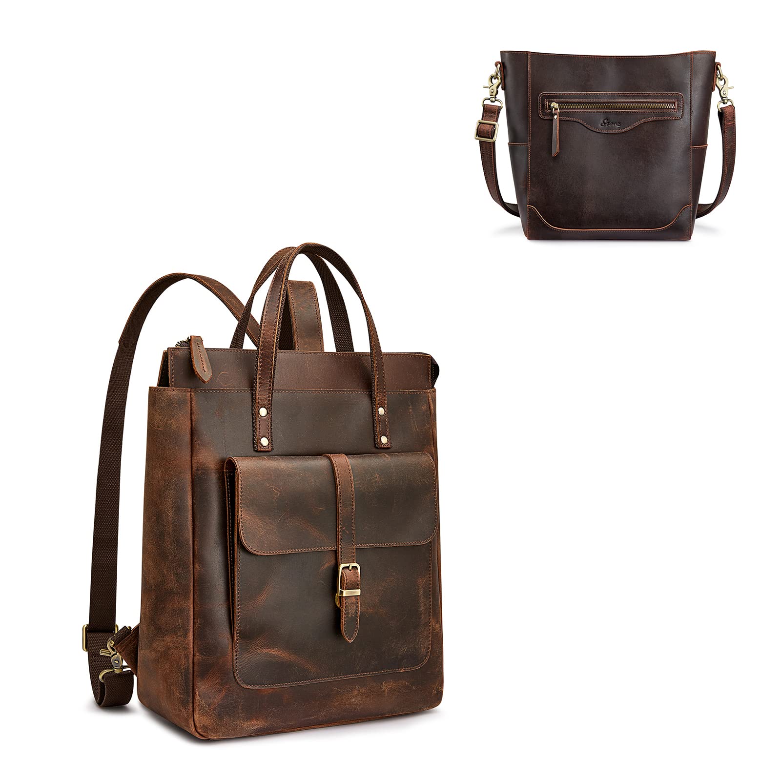 S-ZONE Women Genuine Leather Backpack Bundle with Retro Bucket Bag Vintage Crossbody Purse with Outer Pocket