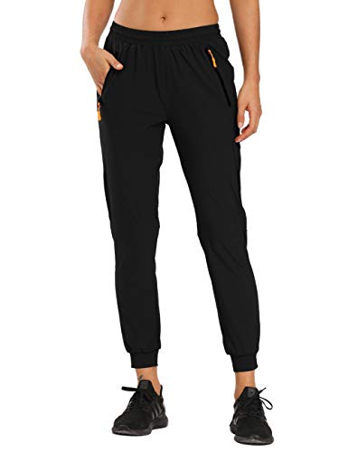 MOCOLY Women's Running Pants Athletic Joggers Sweat Pants Lightweight Hingking Cargo Sports Track Pants Zipper Pockets Black S