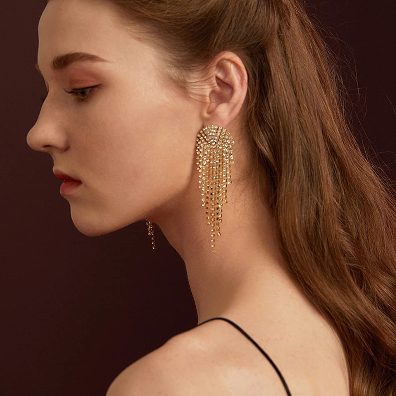 Luxury Women's Long Fringe Sparkling Crystal Drop Earrings Glossy Rhinestone Dangle Earrings Bridal Wedding Party Jewelry (Sparkling Crystal Drop Earrings-Gold)