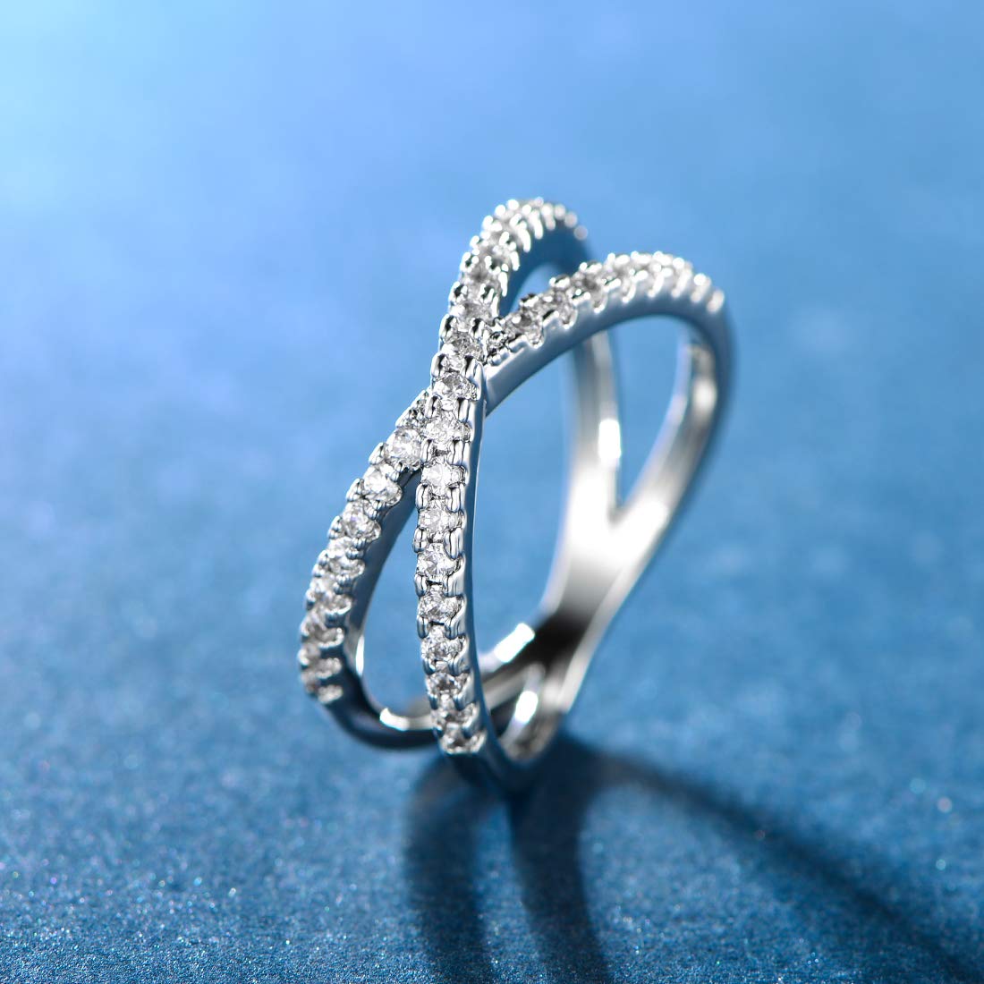 MDFUN 18K White Gold Plated Rhodium Cubic Zirconia Criss Cross X Ring for Women Engagement Wedding (5)