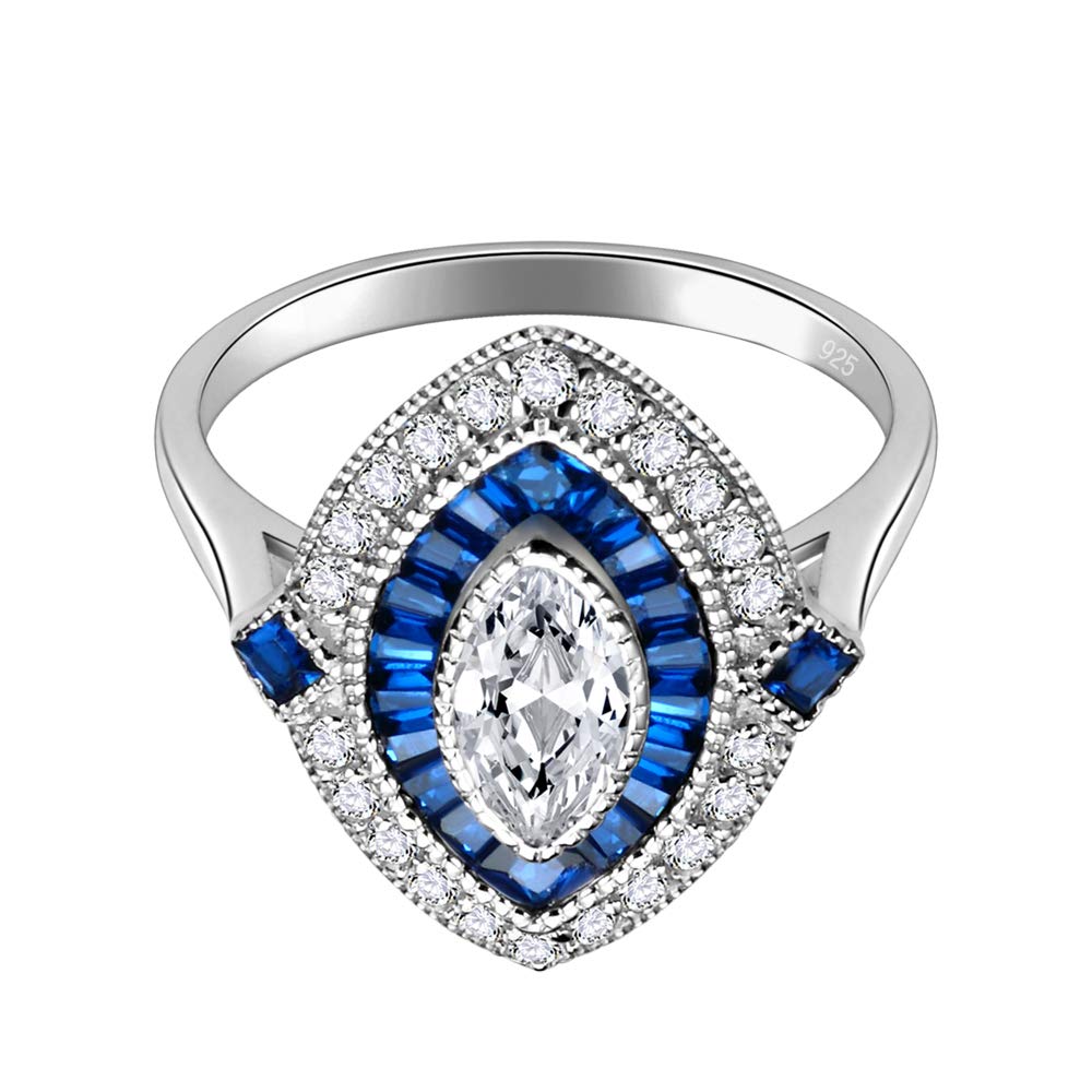 Lavencious Royal Halo Clear & Blue CZ Stones Engagement Rings in Sterling Silver 925 Size 6 to 10 (Marquise-Blue, 7)