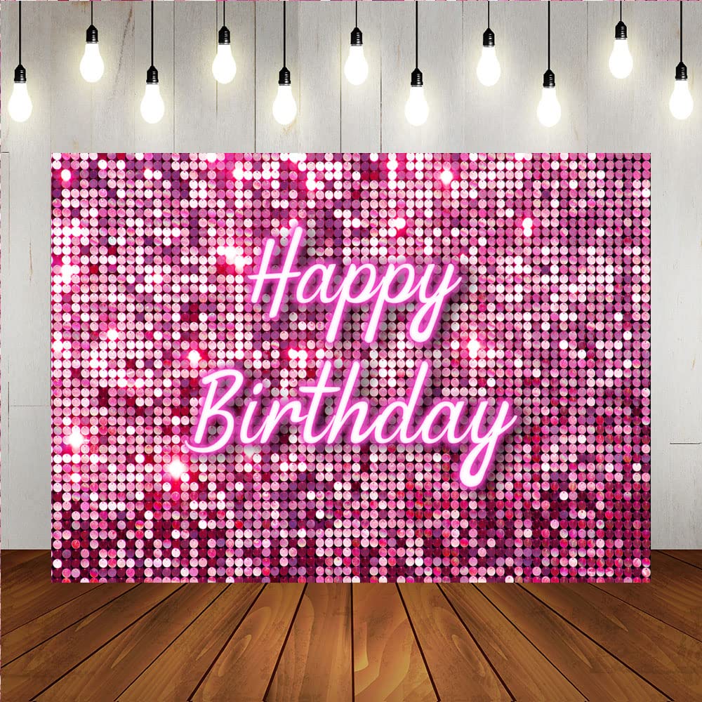 Lofaris Pink Flash Square Backdrop for Photography Happy Birthday Shinning Sequin Wall Panels Shimmer Wall Sweet 16 Girl Woman 20th 30th 40th Party Background Decorations Photo Studio Props 7x5ft