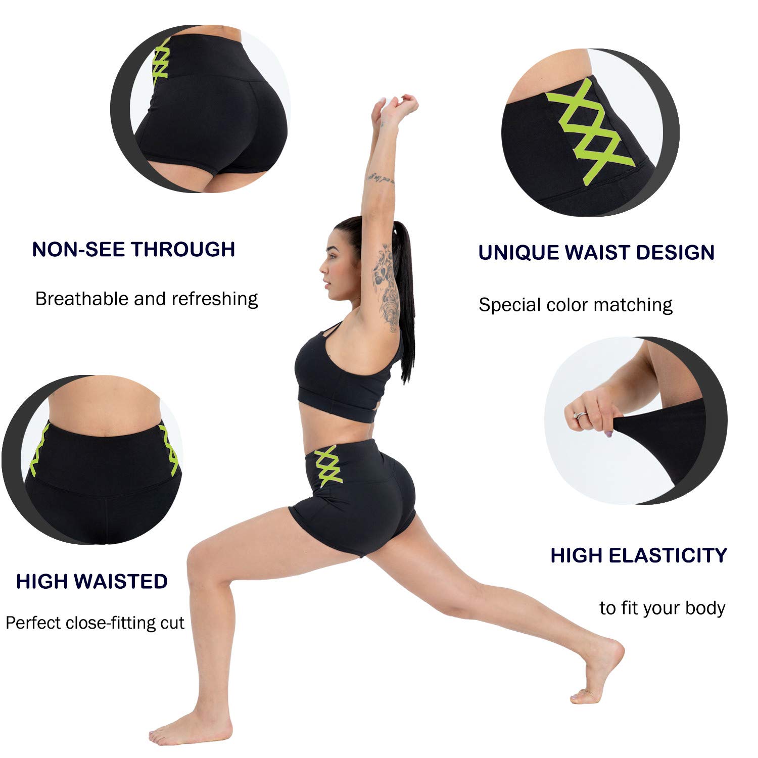 Kipro High Waist Biker Workout Yoga Shorts for Women Runing Compression Bottom Skinny Shorts Black/Fluorescent Green Medium