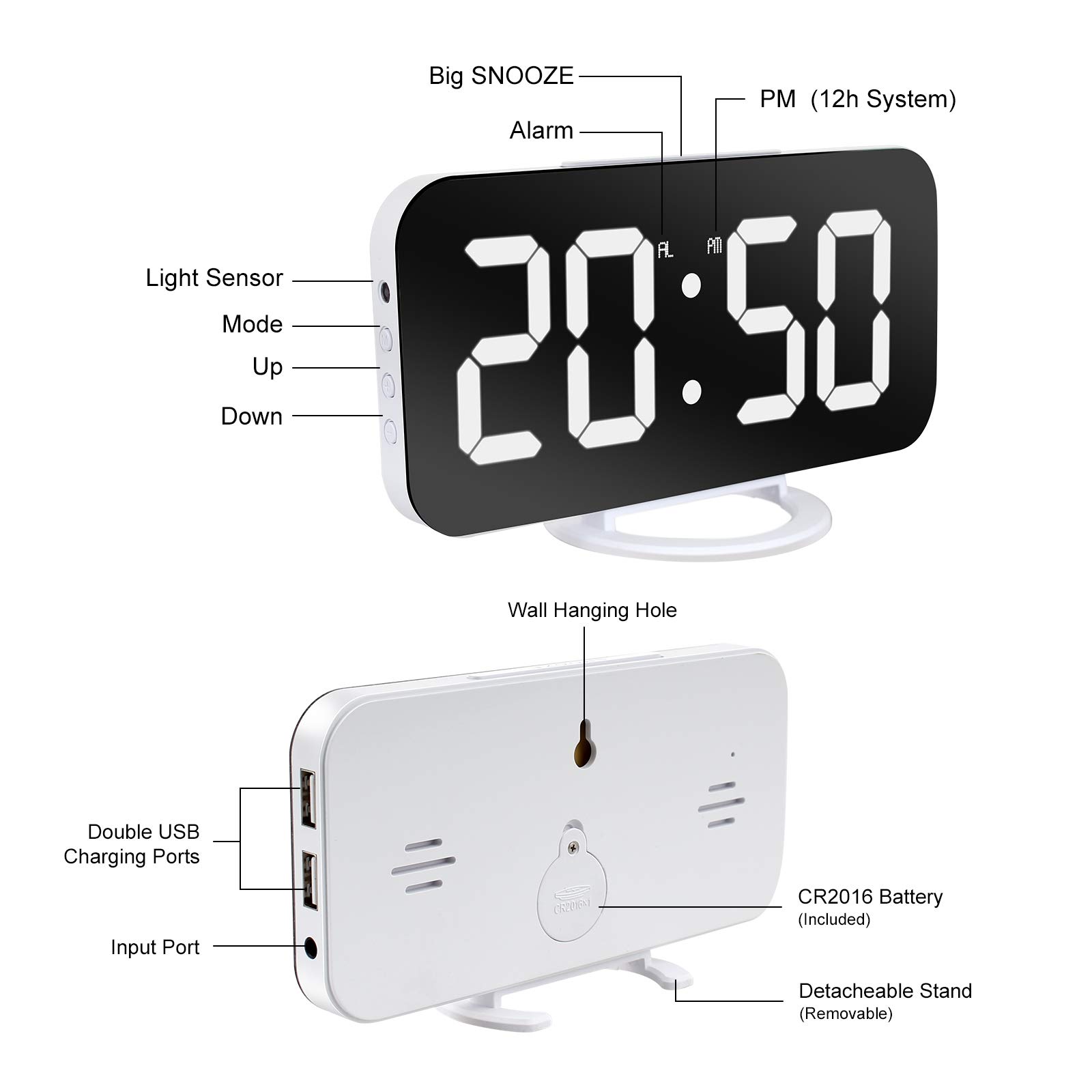 Lamisola Digital Alarm Clock, Large LED Mirror Display, 2 USB Charging Ports,Auto Dim Mode,Modern Design Clock for Bedroom Office, White