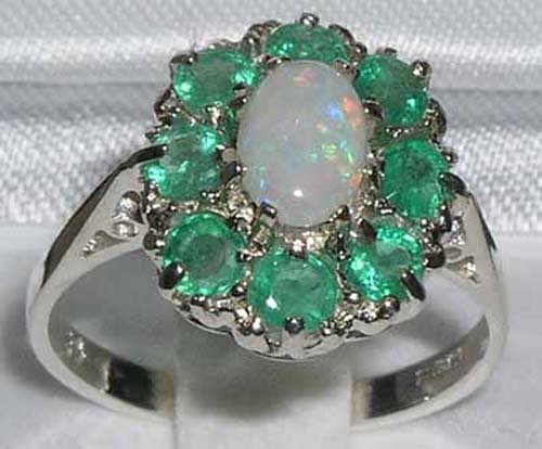LetsBuyGold 10k White Gold Natural Opal and Emerald Womens Cluster Ring - Size 8.75