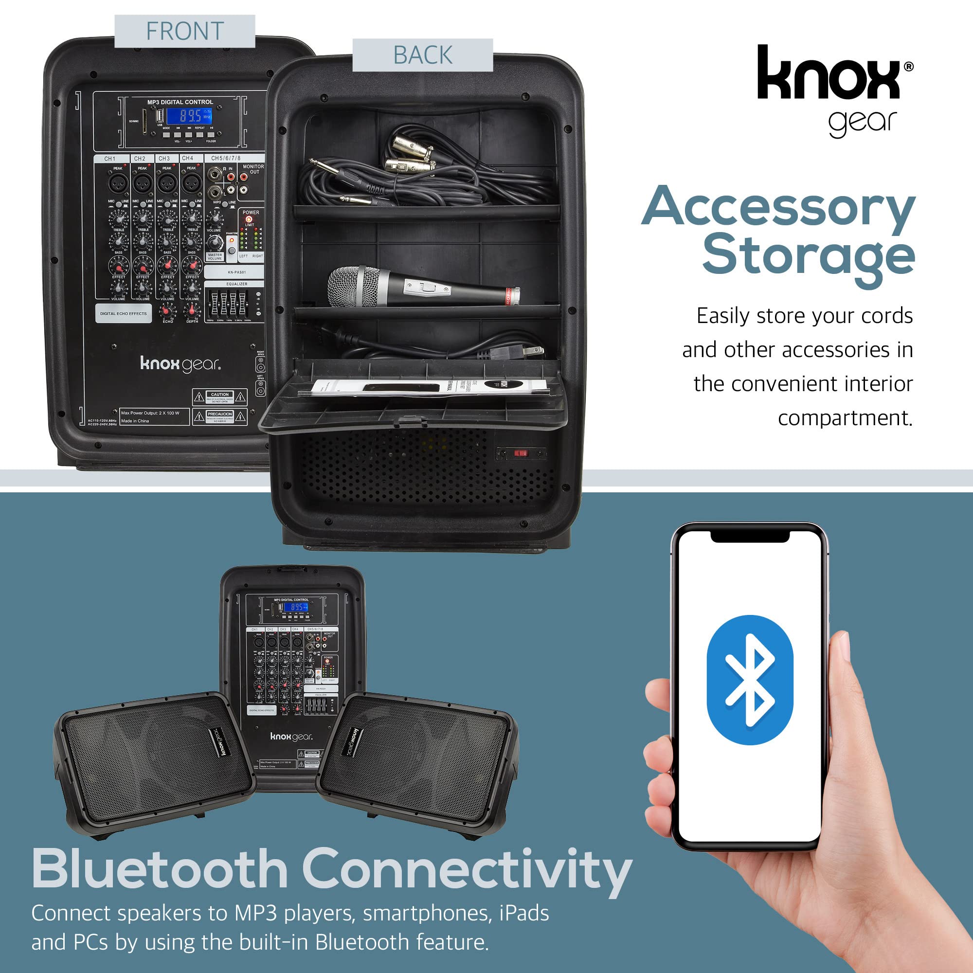 Knox Gear Dual Speaker and Mixer Set–Portable 8” 300 Watt DJ PA System with Wired Microphone & Tripod Stands, Amplifier, Bluetooth, USB, SD, 1/4” Line RCA, XLR Inputs, Ideal for a party or event
