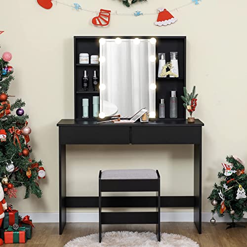 Makeup Vanity Desk with Sliding Lighted Mirror for Christmas Day, Makeup Table Vanity Desk with 2 Large Drawers, 3 Color Lighting Modes, Brightness Adjustable, Vanity Table for Women Girls, Black
