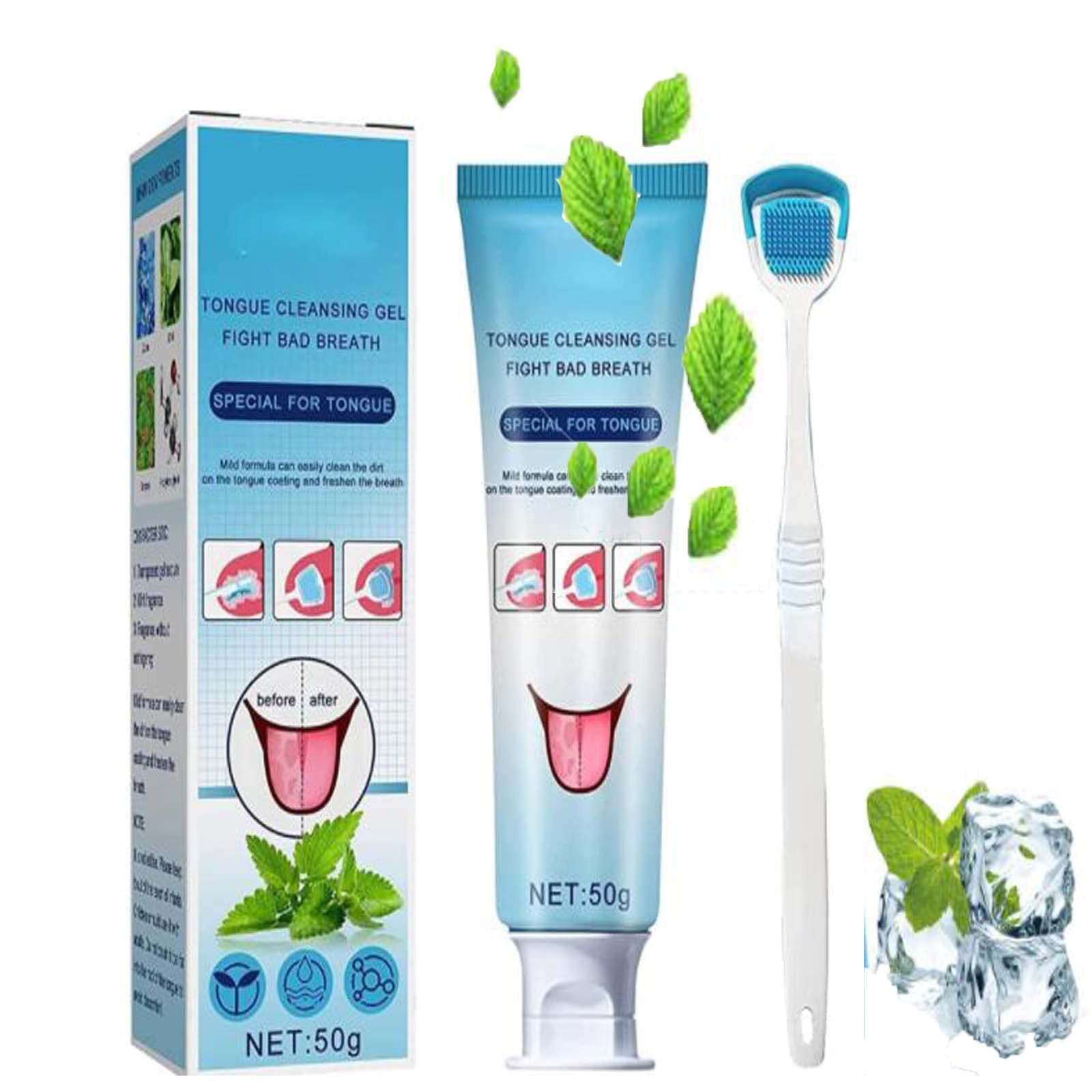 Tongue Scraper Precise Cleaning Brush Kit, Tongue Cleaning Gel Tongue Brush Easy To Use Tongue Scrubber for Men Women, 1 Pc Tongue Cleaning Gel and 1 Pc Tongue Brush