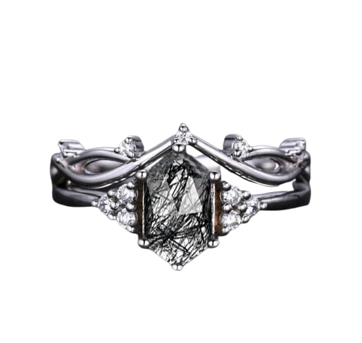 Retro hexagon Black Rutilate Quartz Ring,Vintage Sterling Silver Ring Set,Unique Engagement Ring,Promise Ring,Anniversary Ring Gift For Her (WHITE GOLD, 5)
