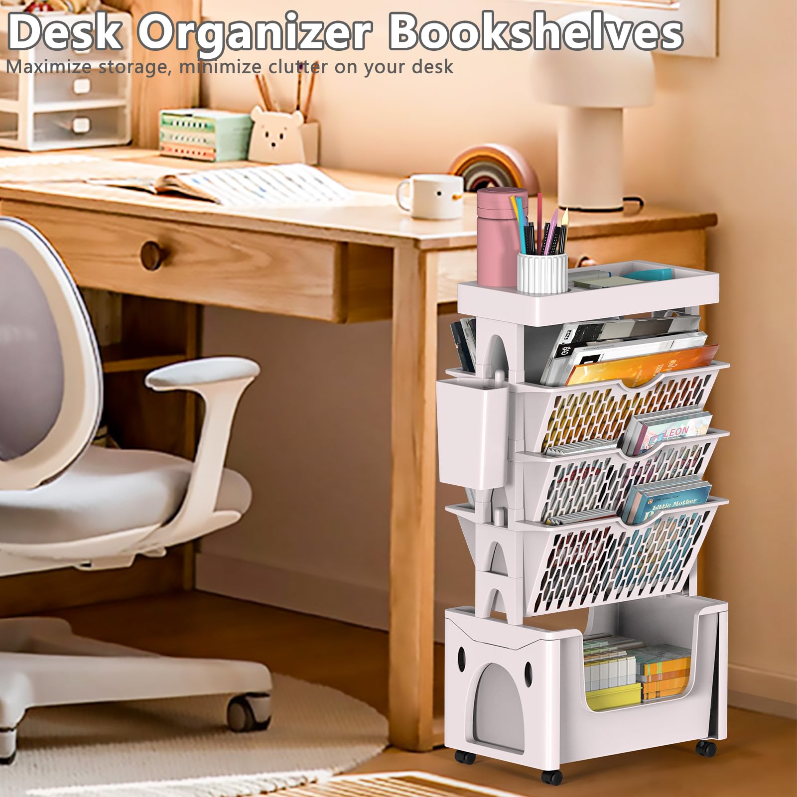 NIRIAHO 5 Tier Mobile Bookshelf, Movable Bookshelf Rolling Office Paper Organizer Book Rack Storage Removable Utility Small Bookcase with Wheels for Office, Dorm, Classroom, Nursery, White