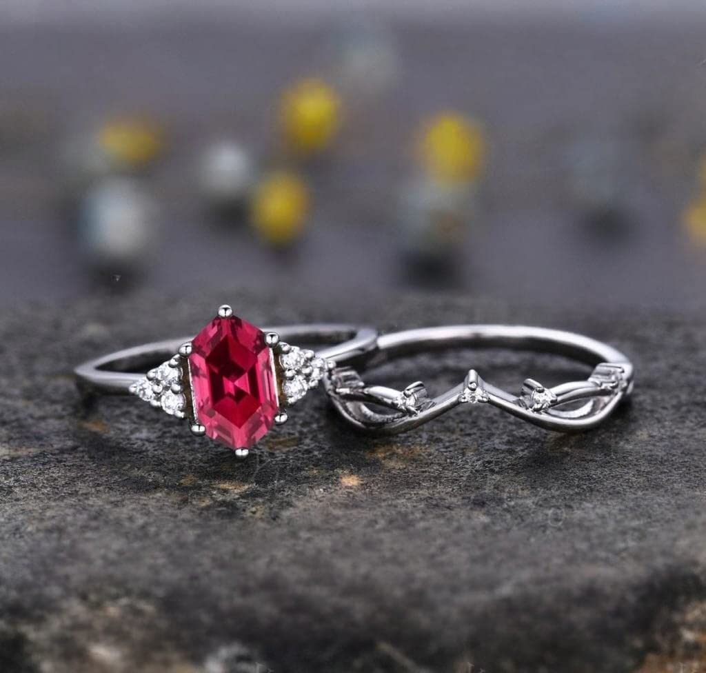 Retro hexagon Red Ruby Ring,Vintage Sterling Silver Ring Set,Unique Ruby Engagement Ring,Promise Ring,Anniversary Brial Ring Gift For Her (WHITE GOLD, 6)