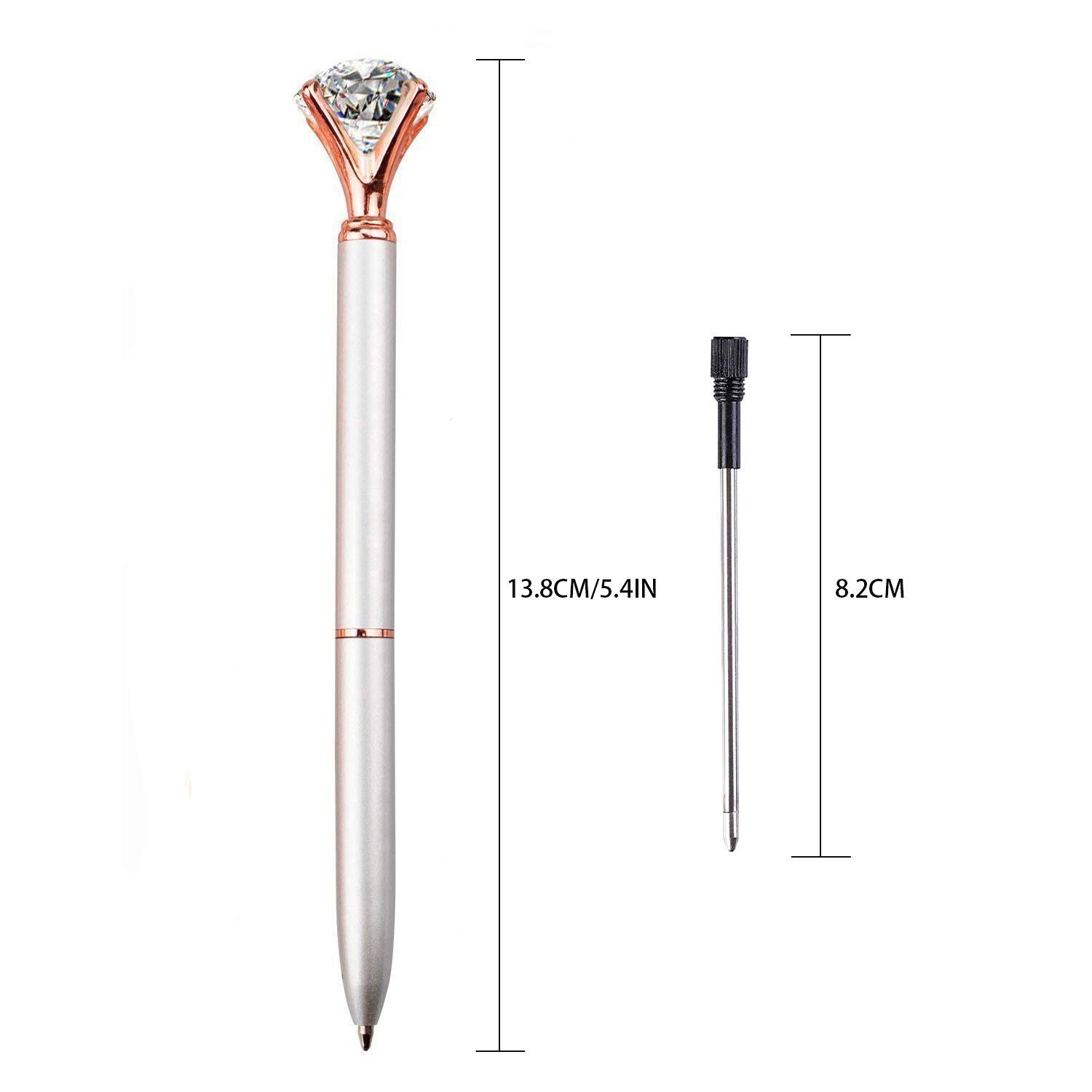 LONGKEY 6PCS Diamond Pens Large Crystal Diamond Ballpoint Pen Bling Metal Ballpoint Pen Office and School, Silver / White Rose Polka Dot / Rose Gold, Including 6Pen Refills.