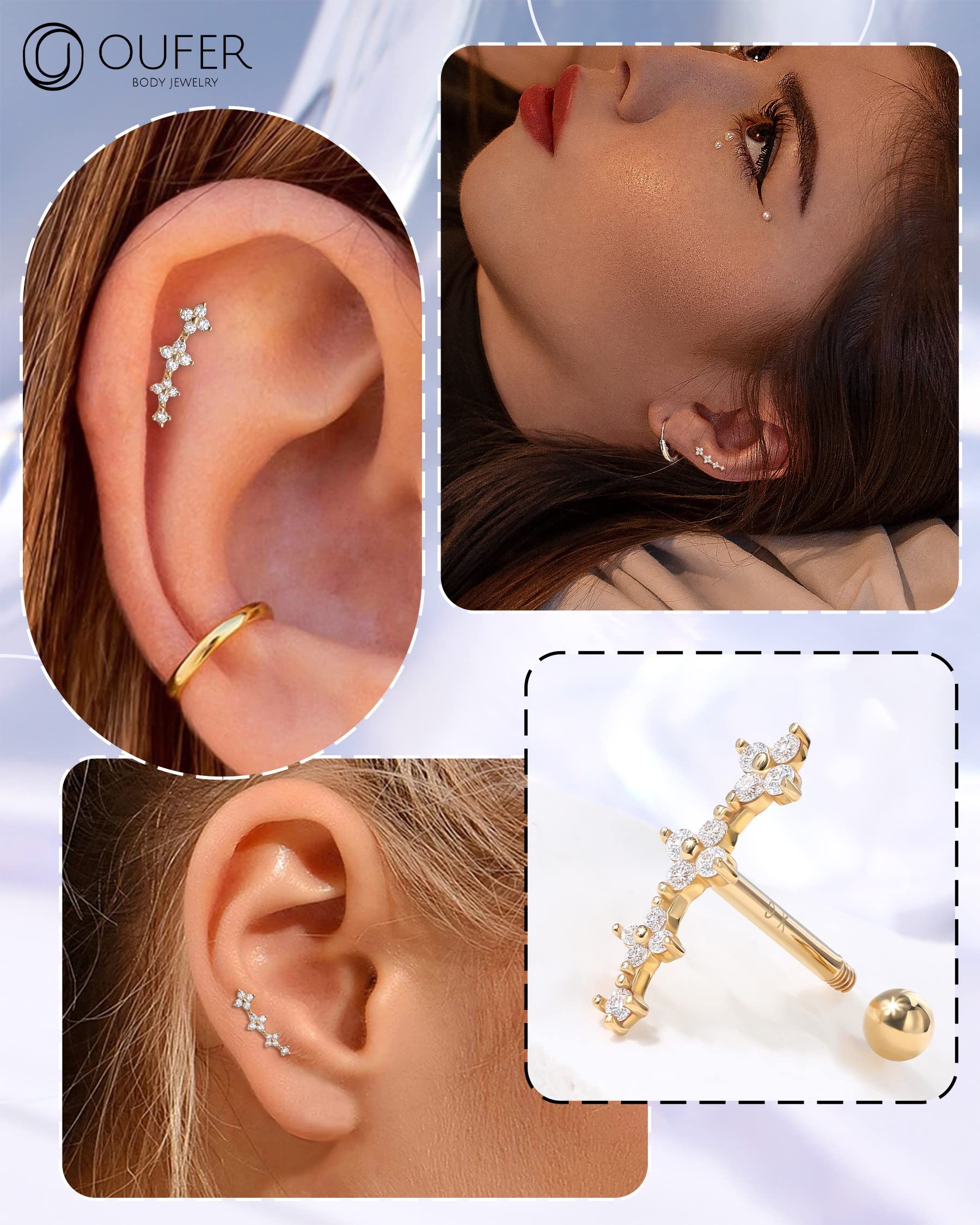 OUFER Gold Cartilge Stud Earrings, 16G 9K Solid Gold Helix Piercing Jewelry, Clear CZ Tragus Daith Conch Forward Helix Body Ear Piercing Jewelry