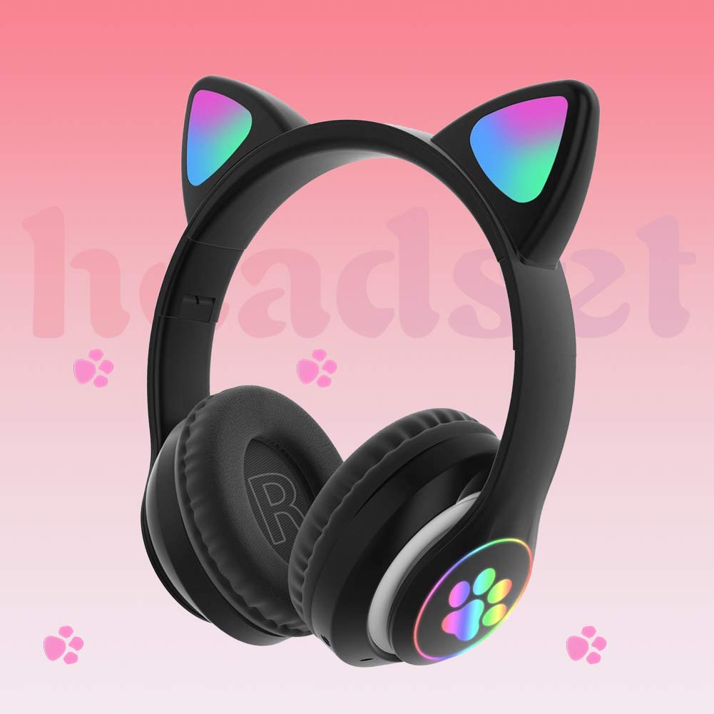LVOERTUIG Gaming Headset Fashion Bluetooth 5.0 Kids Adult Cat Ear LED Light Up Wireless Gaming Headset Foldable and Stretchable Reduction Headphones Computer Gaming Headphone