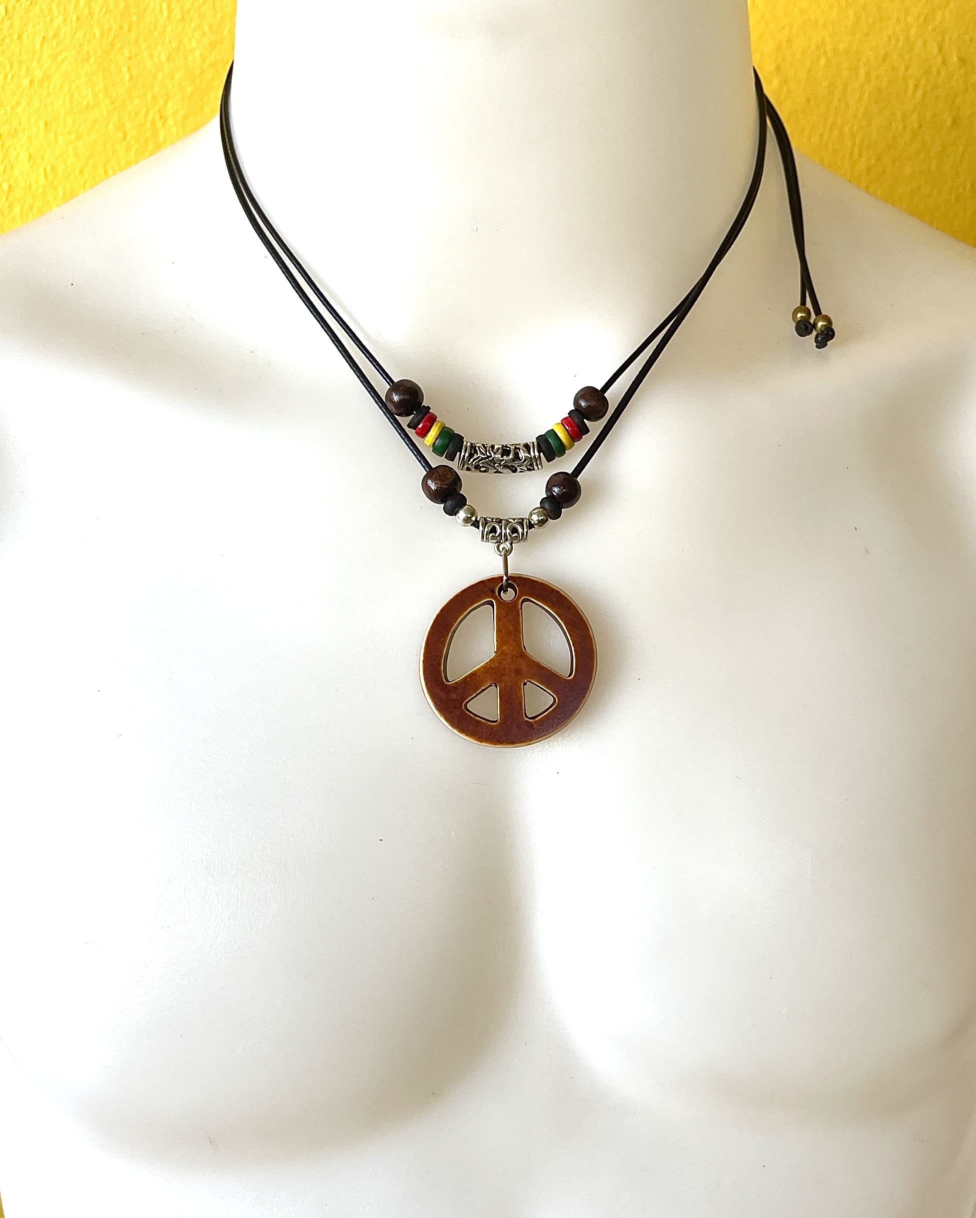 LAVIP Leather Peace Sign Pendant Double Layers Peace Symbol Brown Pendant Necklace Coconut wood Beads