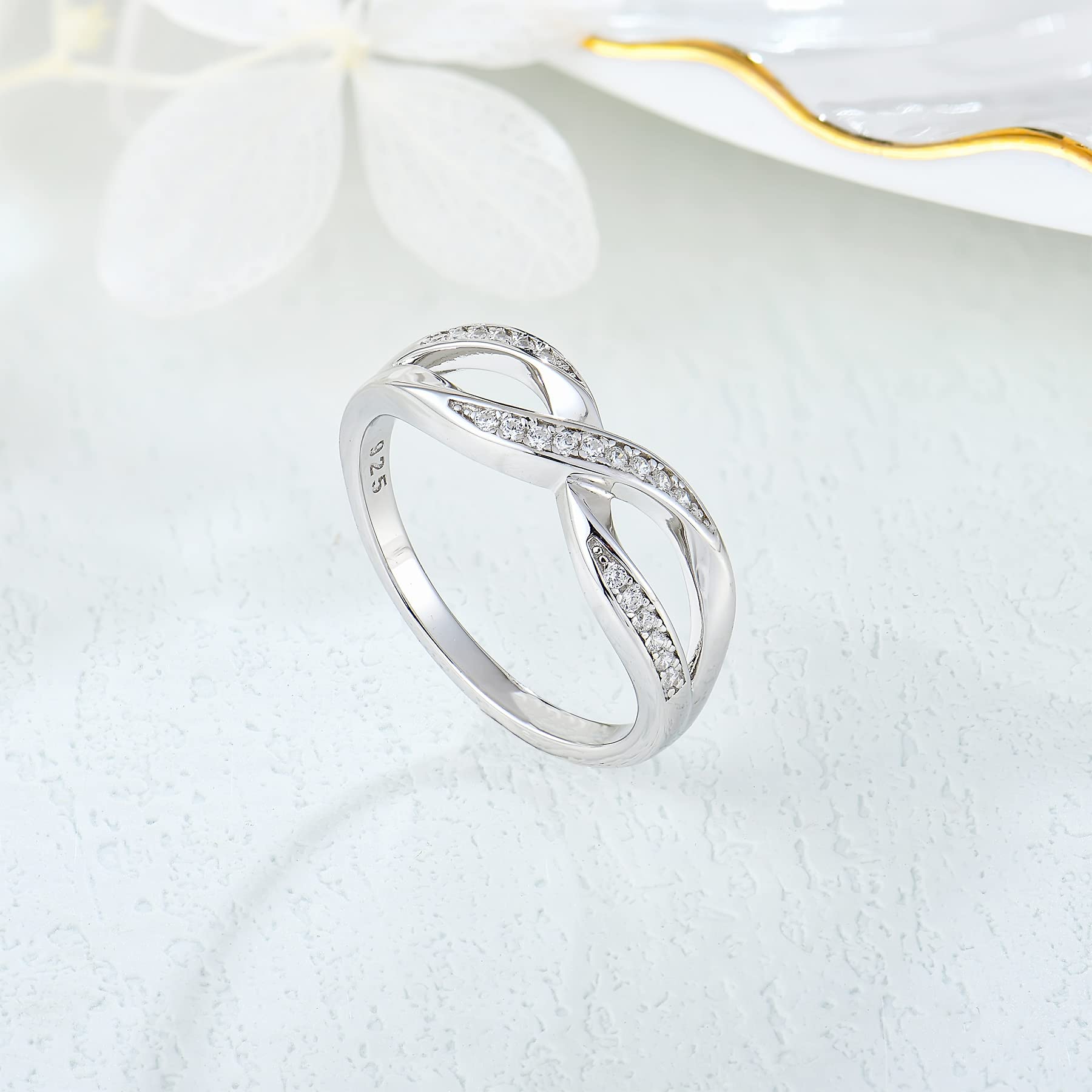 PAZEEN Infinity Ring 925 Sterling Silver Cubic Zirconia Criss Cross Eternal Ring Wedding Band Anniversary Statement Promise Ring for Her size8