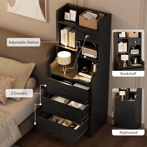 YESHOMY Tall Nightstand with Charging Station, Bedside Table with Open Bookshelf, Endtable with 3 Drawers, for Bedroom,Study, 48" Height, Dark Black