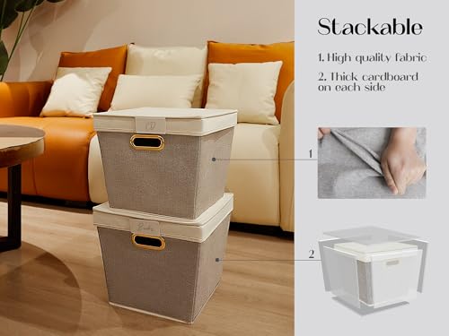 LoforHoney Home Trapezoid Fabric Storage Bins with Lids for Organizing, Foldable Storage Boxes with Lids for Shelves, Closet Storage Bins, Light Gray & Beige, 2-Pack